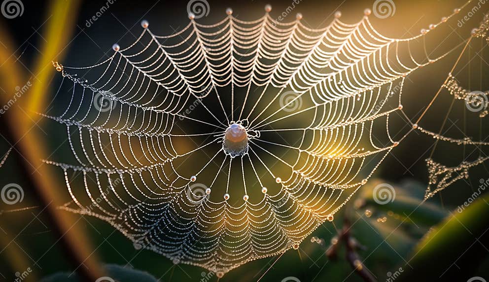 Spider Web Traps Dew Drop on Leaf ,generative AI Stock Illustration ...