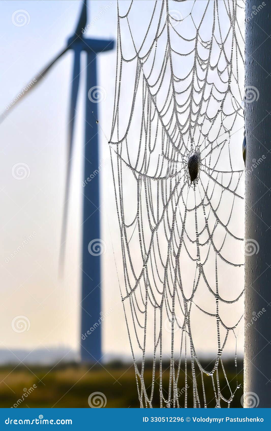 A Spider Web with Water Droplets on it in Front of a Wind Turbine Stock ...