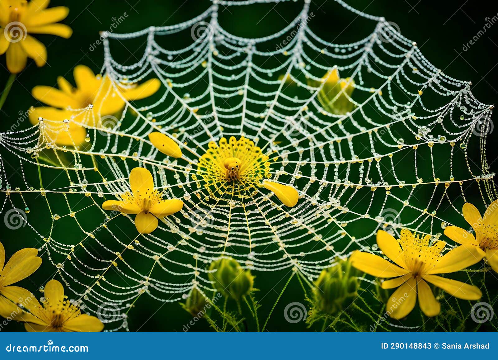 Spider Web with Yellow Flowers Stock Illustration - Illustration of ...