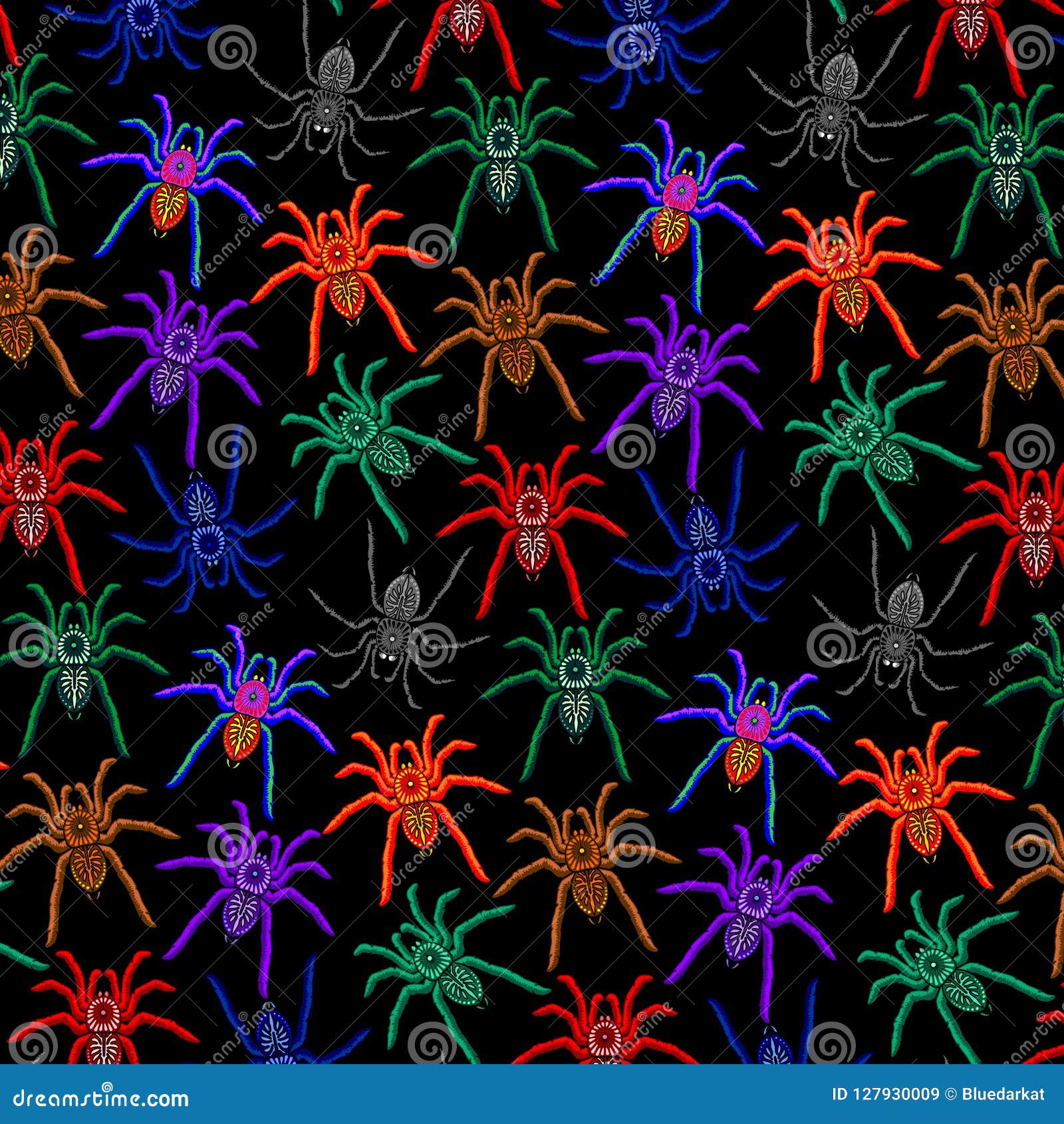 Spiders Pattern Colorful Tarantulas on Balck Background Stock Vector ...