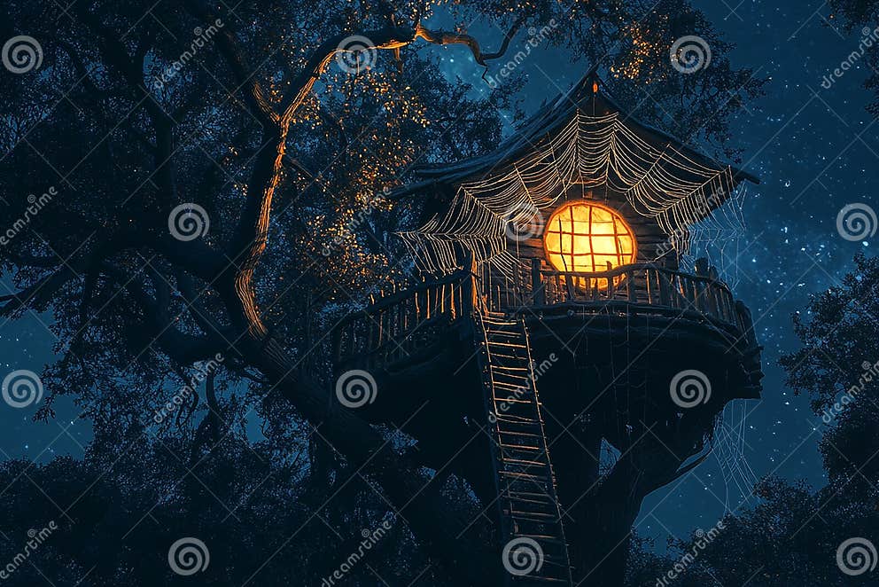 Spiderweb-Covered Treehouse Glowing Under the Moonlight Stock Photo ...