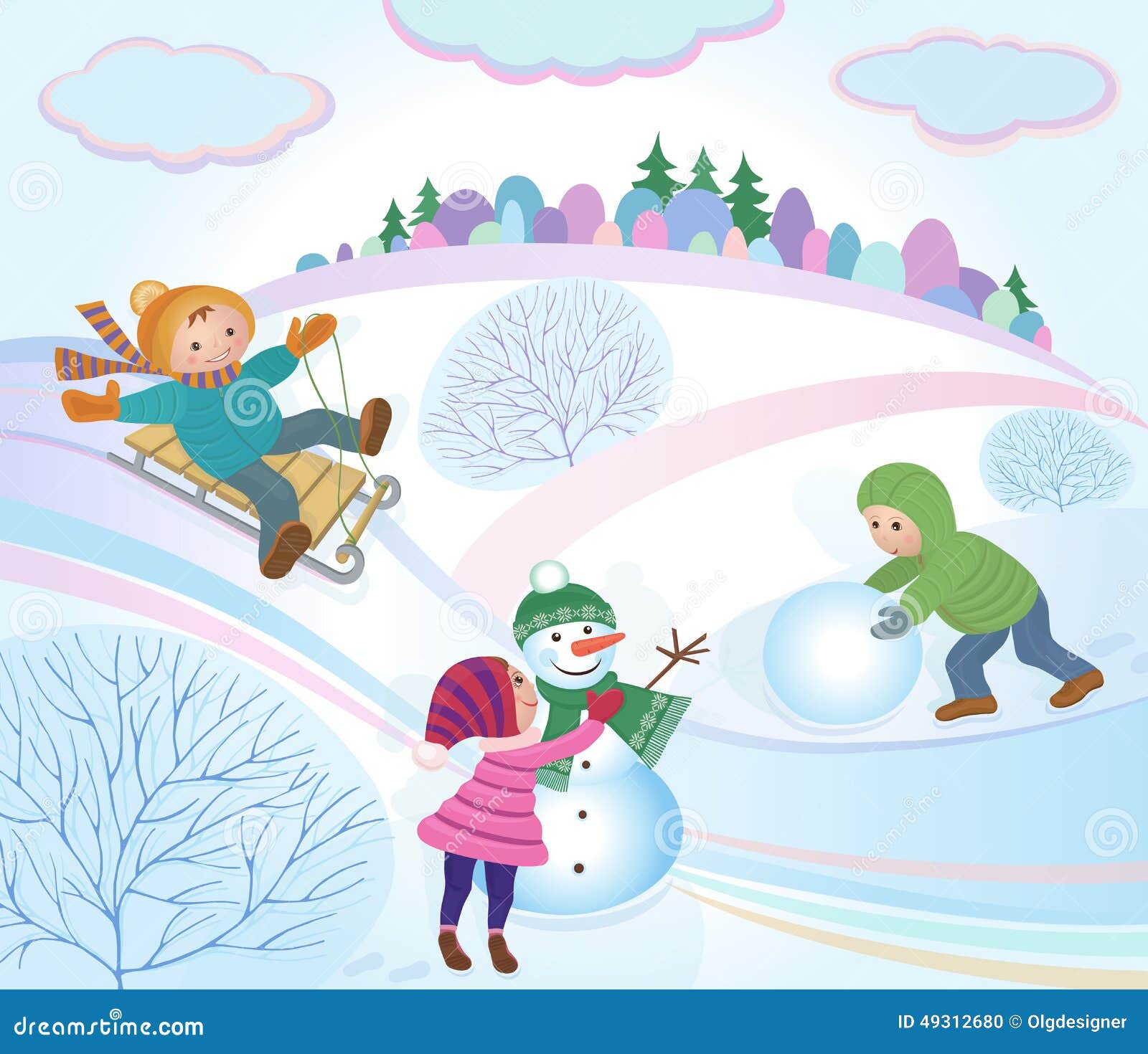 Spielende Kinder Und Winterlandschaft Vektor Abbildung - Illustration ...