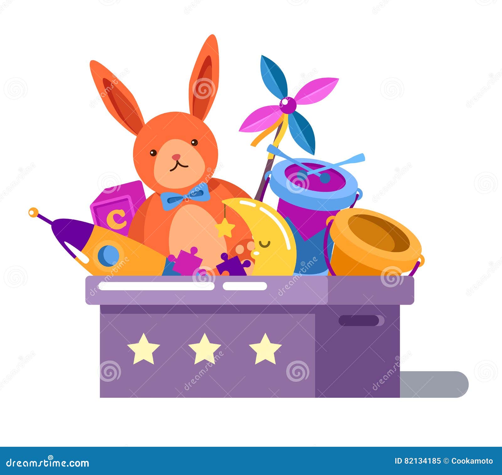 Spielzeugkiste Oder Kasten Mit Kaninchenpuppe Und -rakete Vektor ...