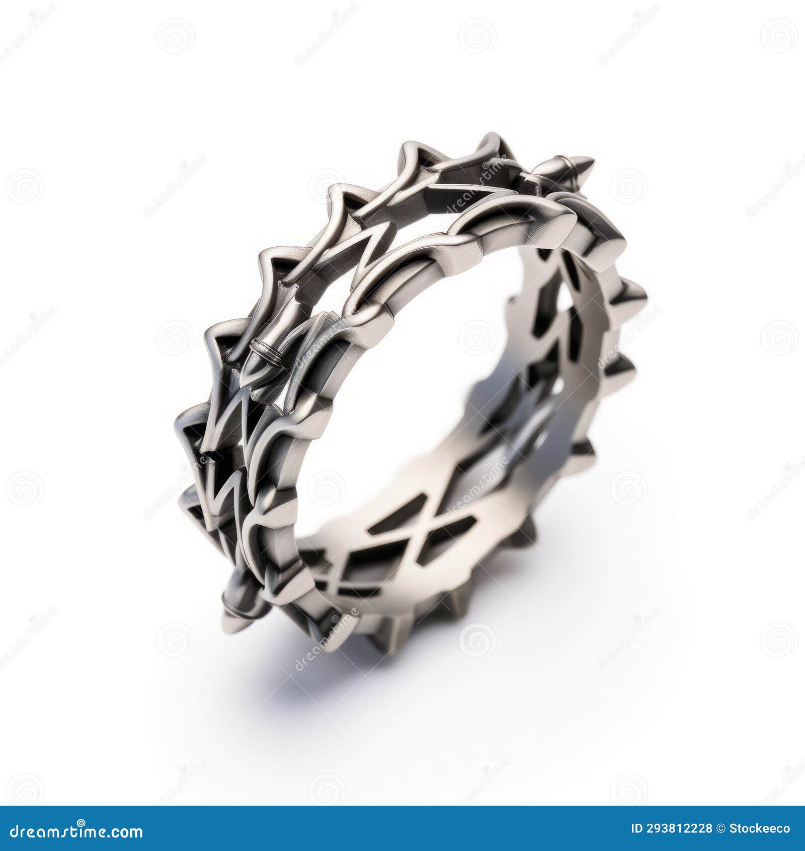 Spiked Titanium Wedding Band with Interlocking Archetypal Symbols Stock ...