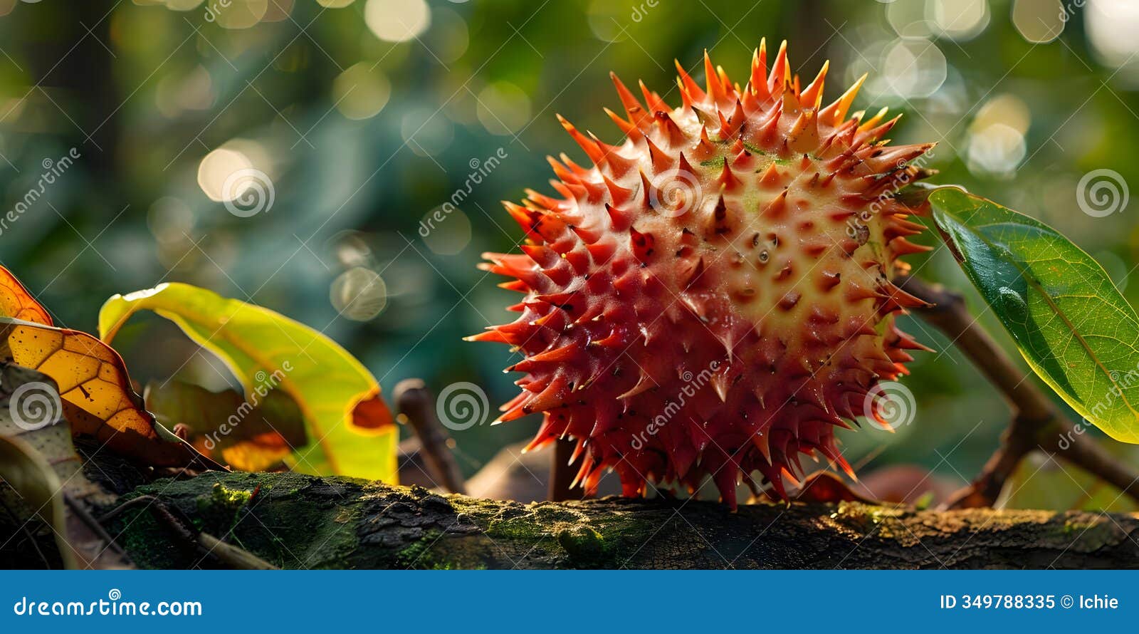 Spiky Red Fruit on a Branch with Green Leaves - Realistic Image Stock ...