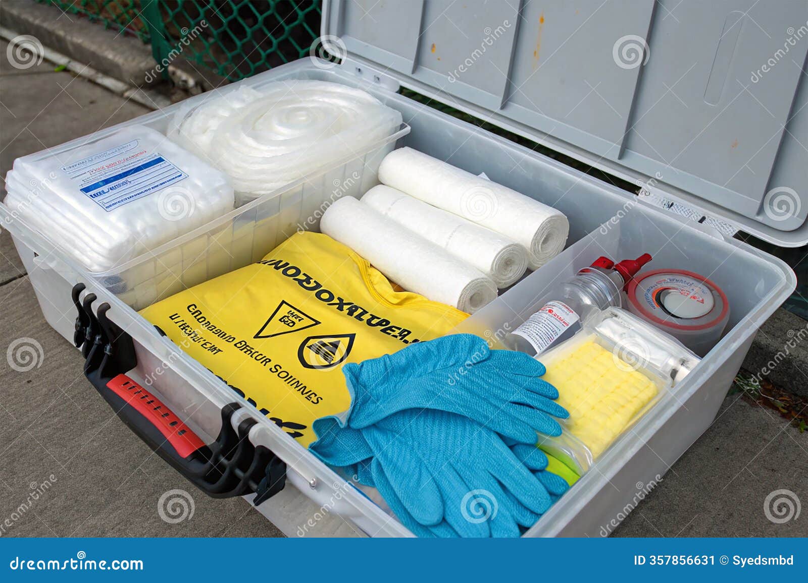 A Spill Kit for Hazardous Materials in a Transparent Container Stock ...