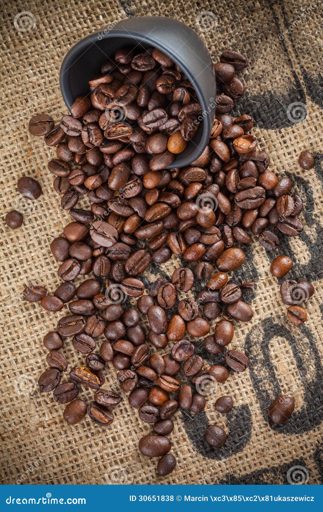 Spilled Coffee Beans and Black Cup Stock Photo - Image of coffeepot ...