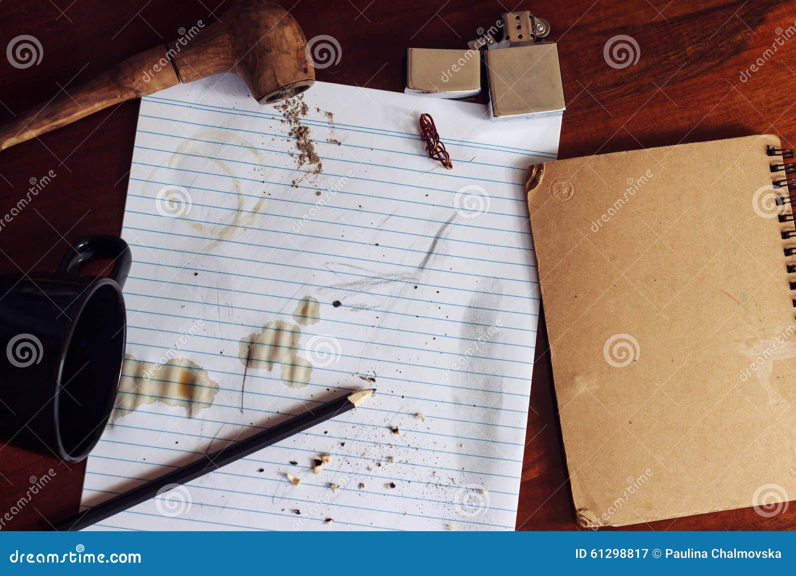 Spilled Coffee on Paper with Pipe, Lighter, Pencil and so on Stock ...