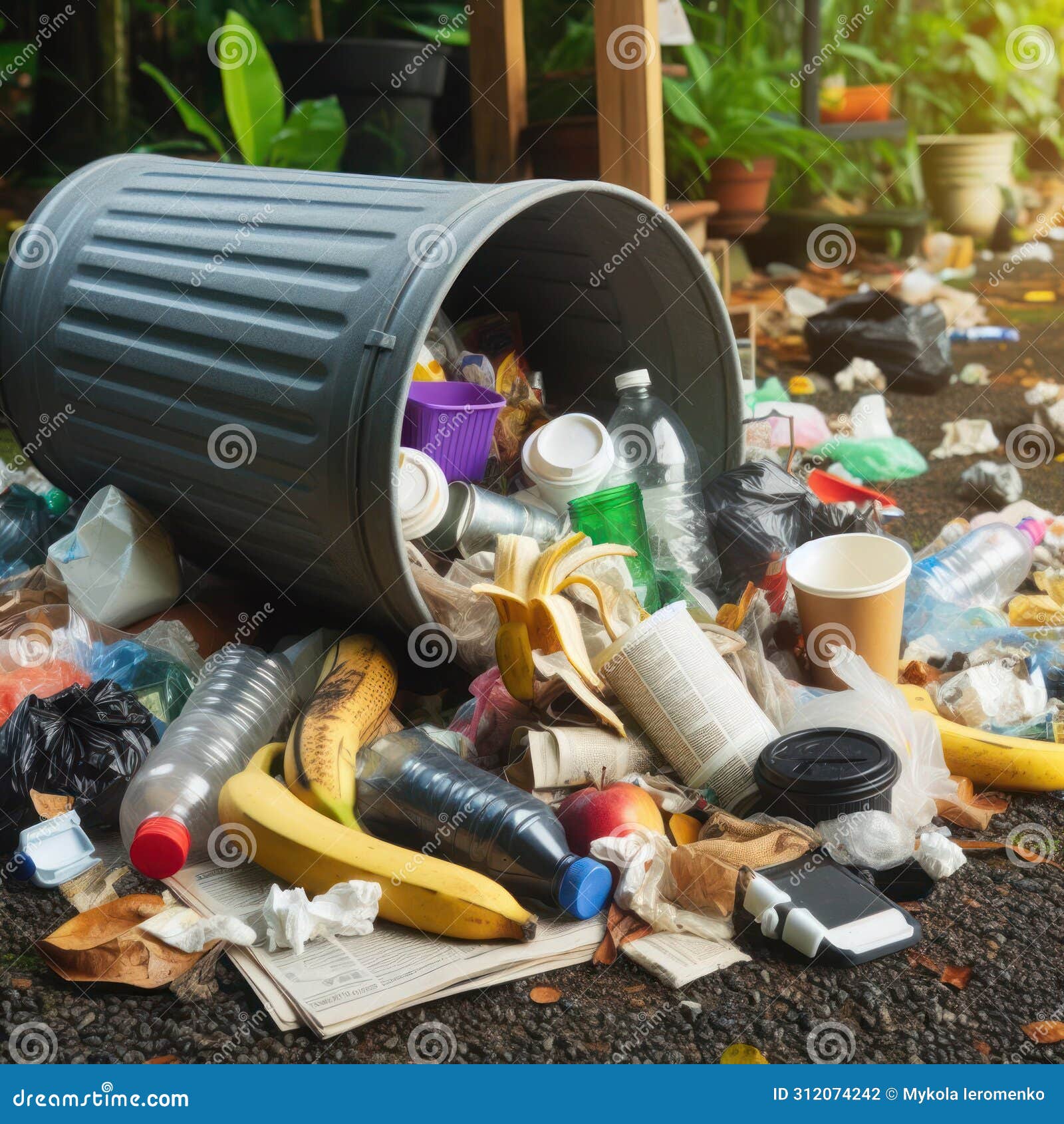 Spilled Garbage from an Overturned Trash Can. Stock Photo - Image of ...