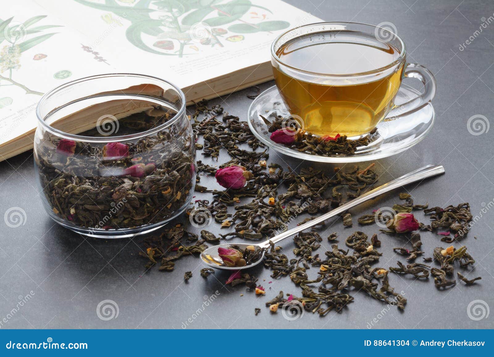 Spilled Green Tea with a Rose on Stone Table Stock Photo - Image of ...