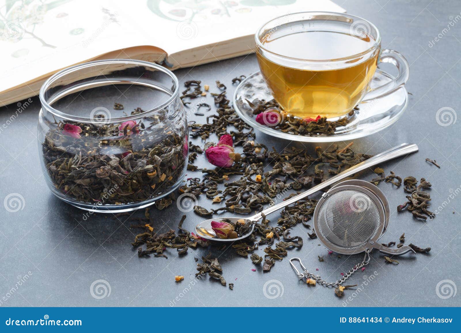 Spilled Green Tea with a Rose on Stone Table Stock Photo - Image of ...