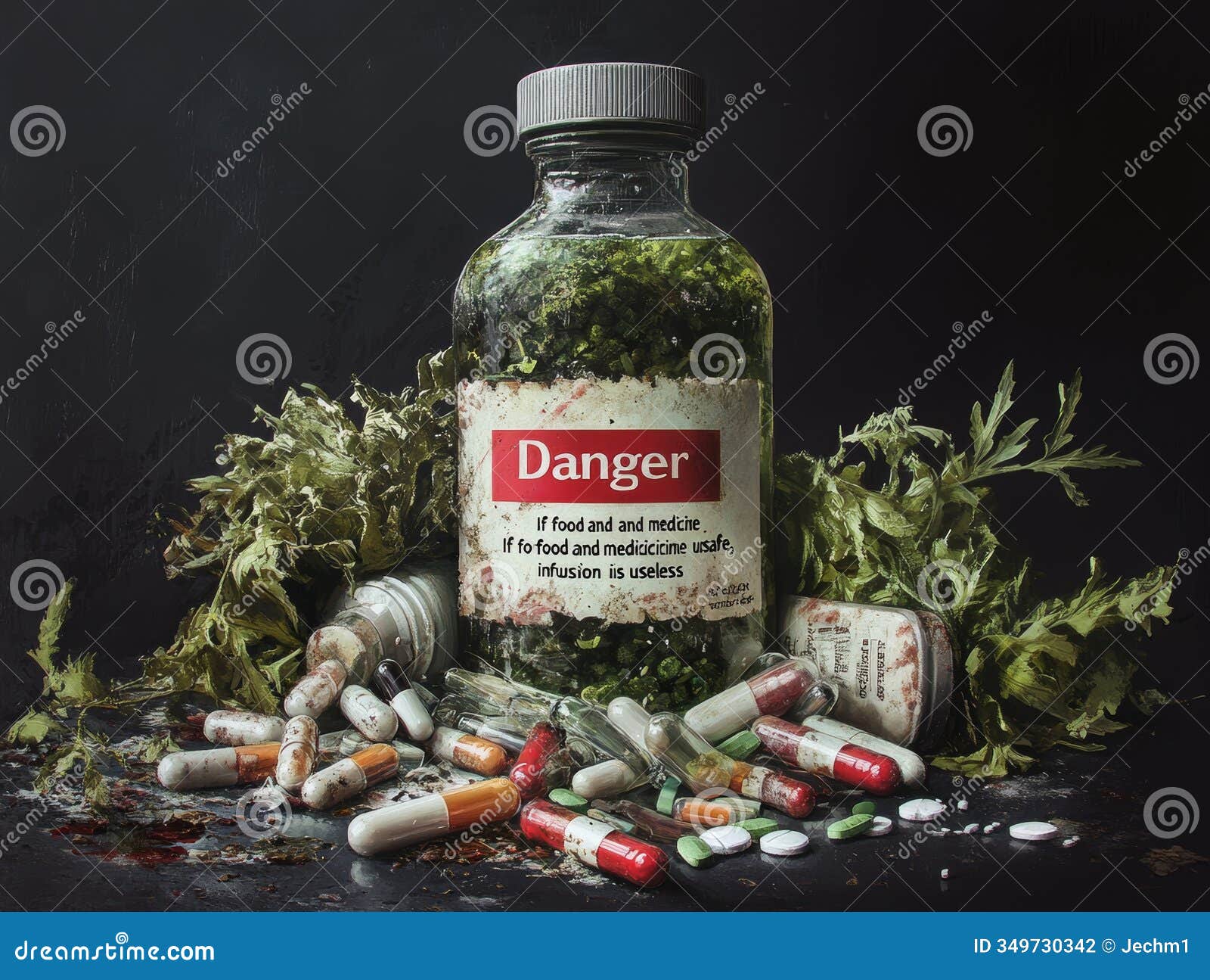 Drugs and Problems Conept. Danger Pills Spilling from a Jar in Post ...