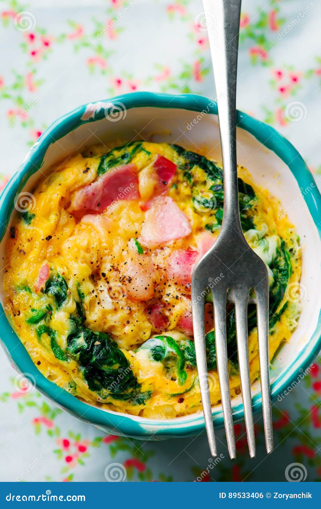 Spinach and Cheddar Microwave Quiche in a Mug Stock Photo - Image of ...