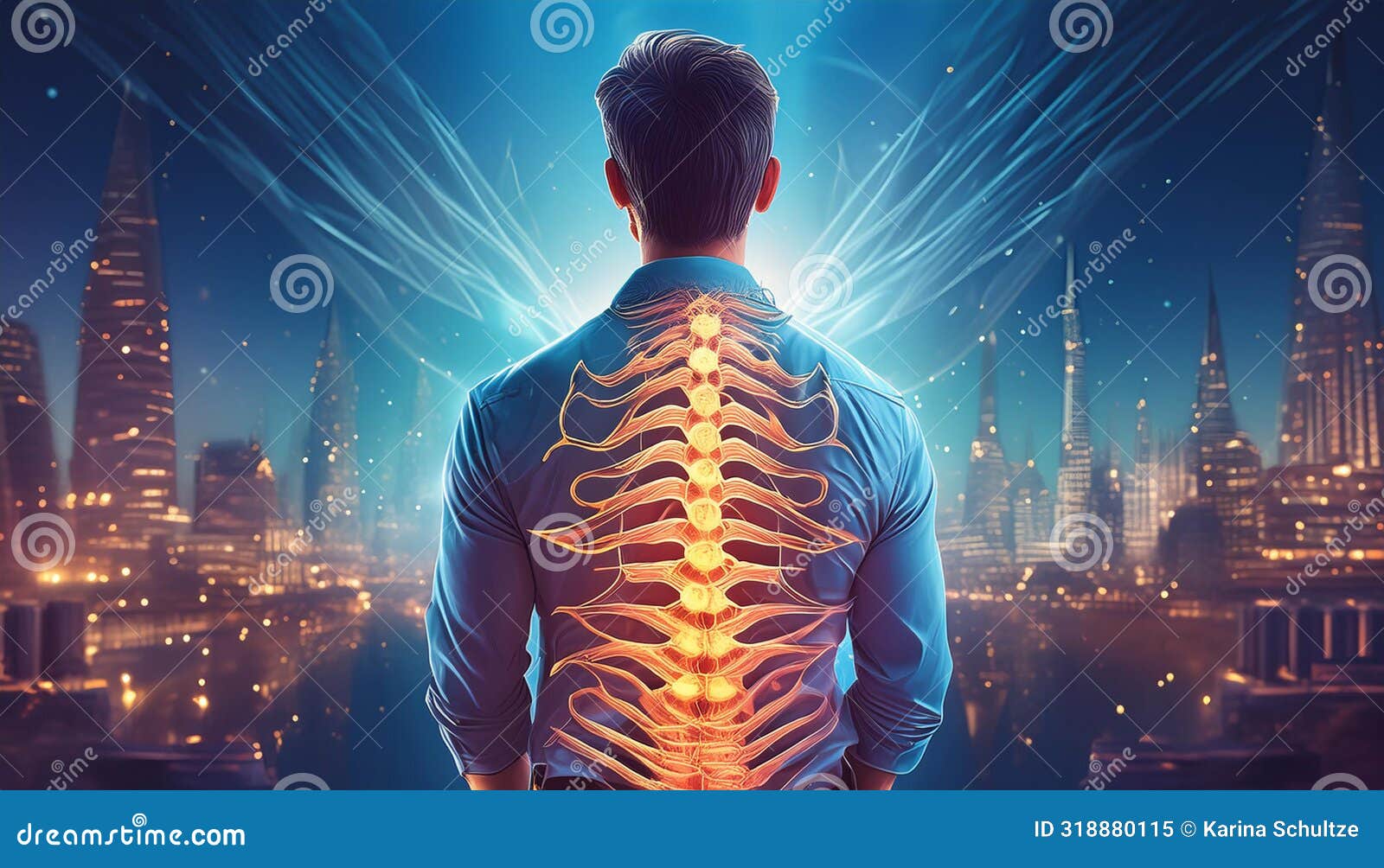 Spinal Health Visualization. Man Suffering from Back Pain with Glowing ...