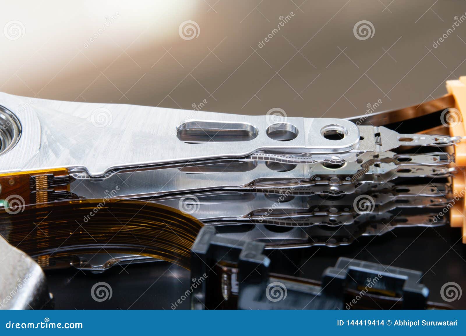 Spindle with Plate and Actuator Arm Opened Hard Disk Drive HDD. : Macro ...