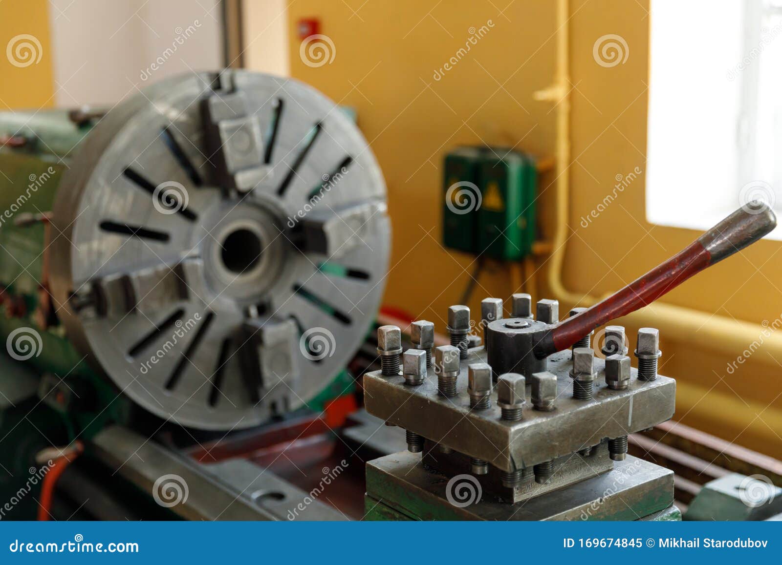 Spindle, Tool Holder and Old Green Lathe Machine Tool Equipment Stock ...