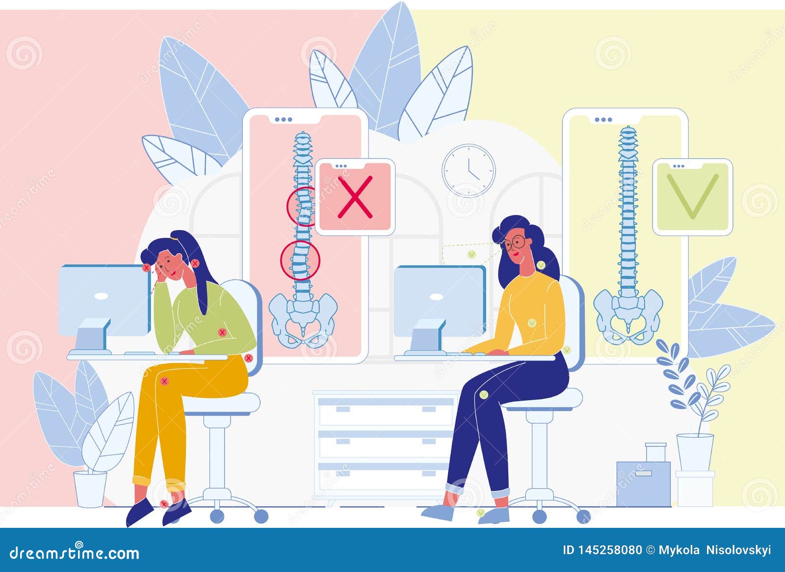 Ergonomics Woman Correct Sitting And Standing Posture When Using A ...