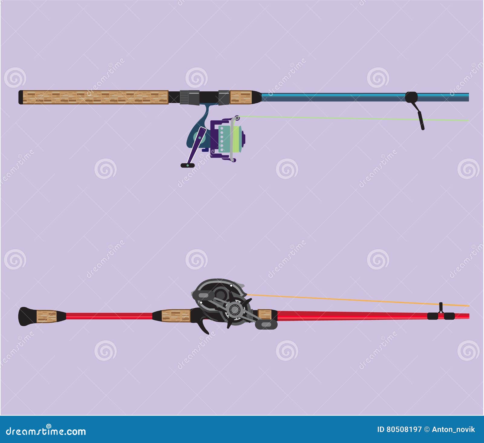 Spinning and Baitcasting Rods with Reels Handles Vector Illustration ...