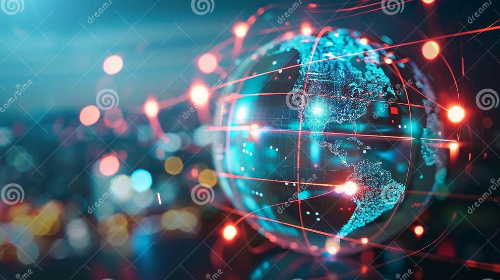A Spinning Globe with Lines of Light Connecting Different Points on the ...