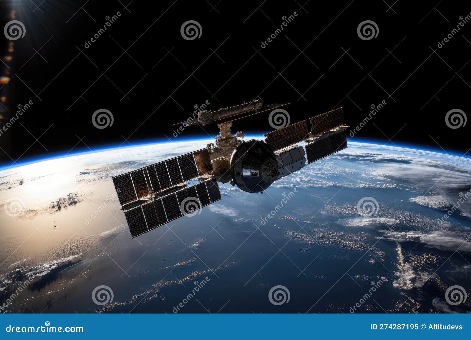 A Spinning Space Station, with the Earth Visible in the Background ...