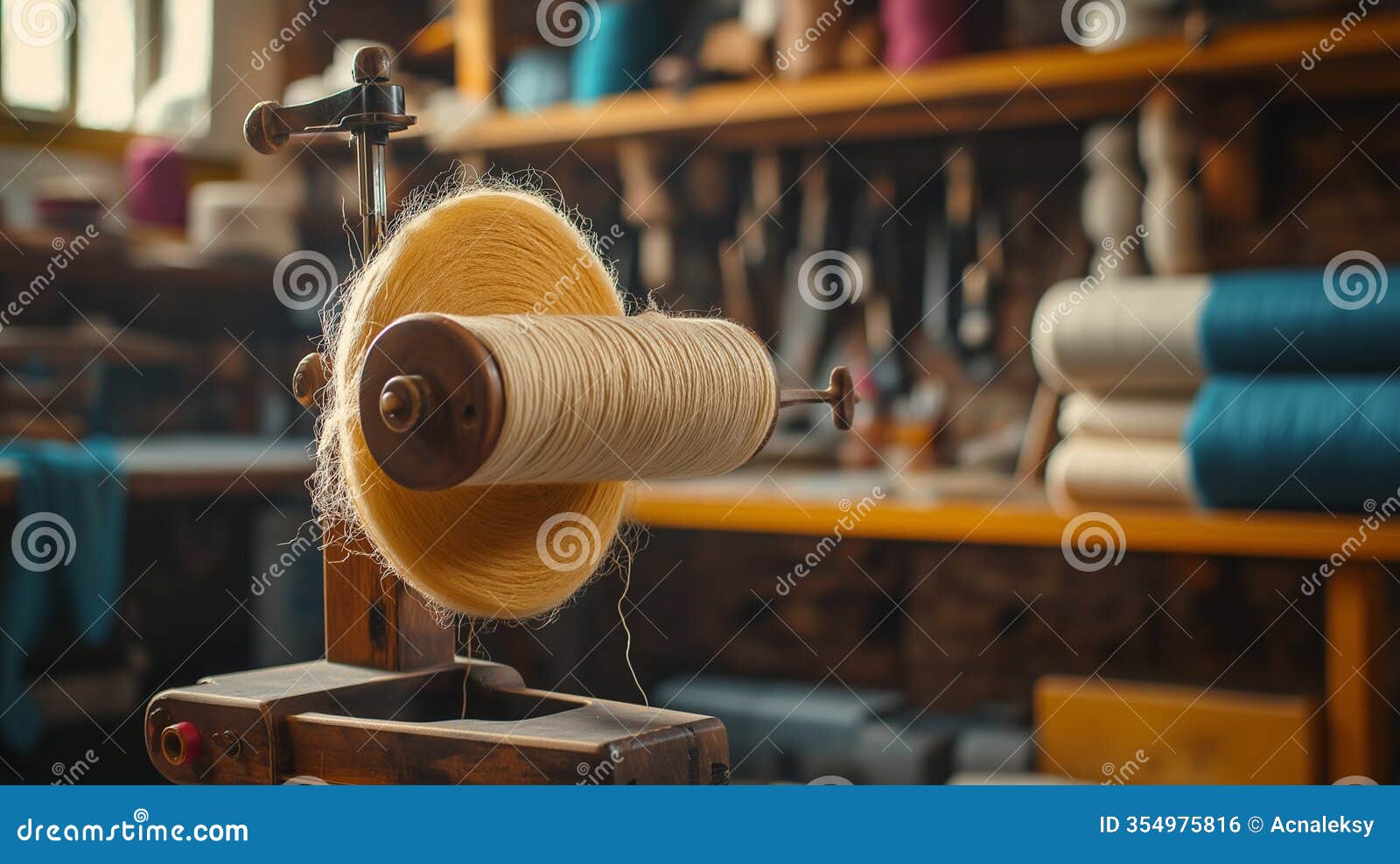 Spinning Wheel in Motion, Turning Wool into Thread, in a Homely ...