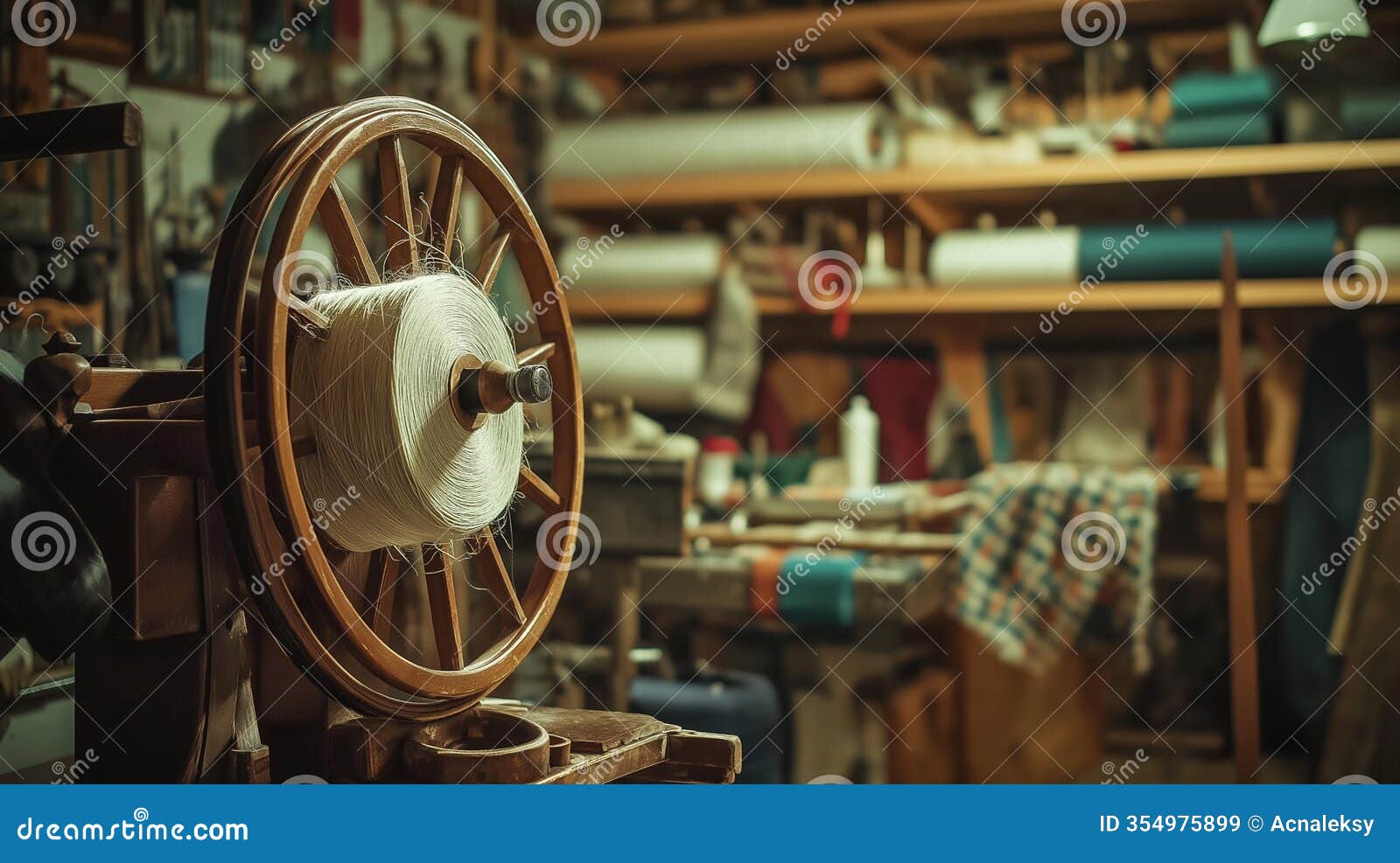 Spinning Wheel in Motion, Turning Wool into Thread, in a Homely ...