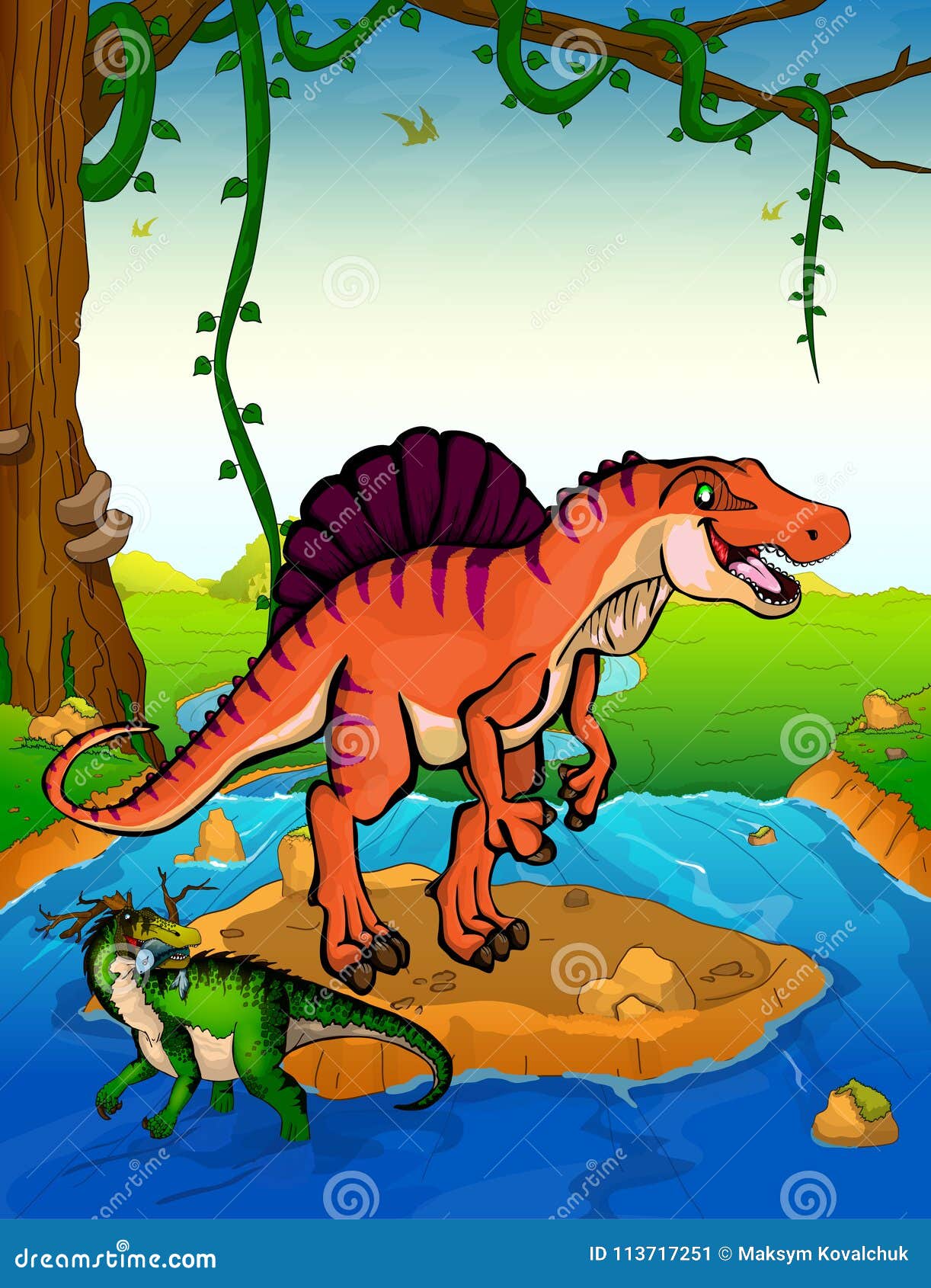 Spinosaurus On The Background Of Forest Cartoon Vector | CartoonDealer ...