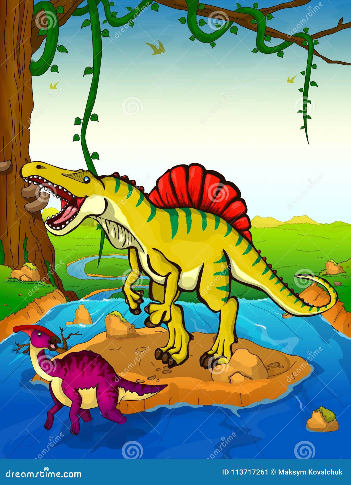Spinosaurus On The Background Of Forest Cartoon Vector | CartoonDealer ...