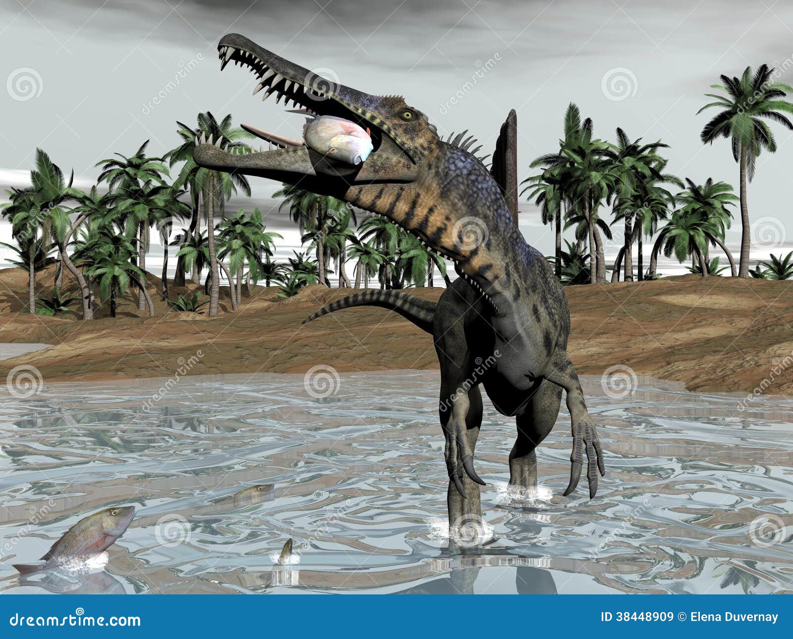 Spinosaurus Dinosaur Eating Fish - 3D Render Stock Illustration ...