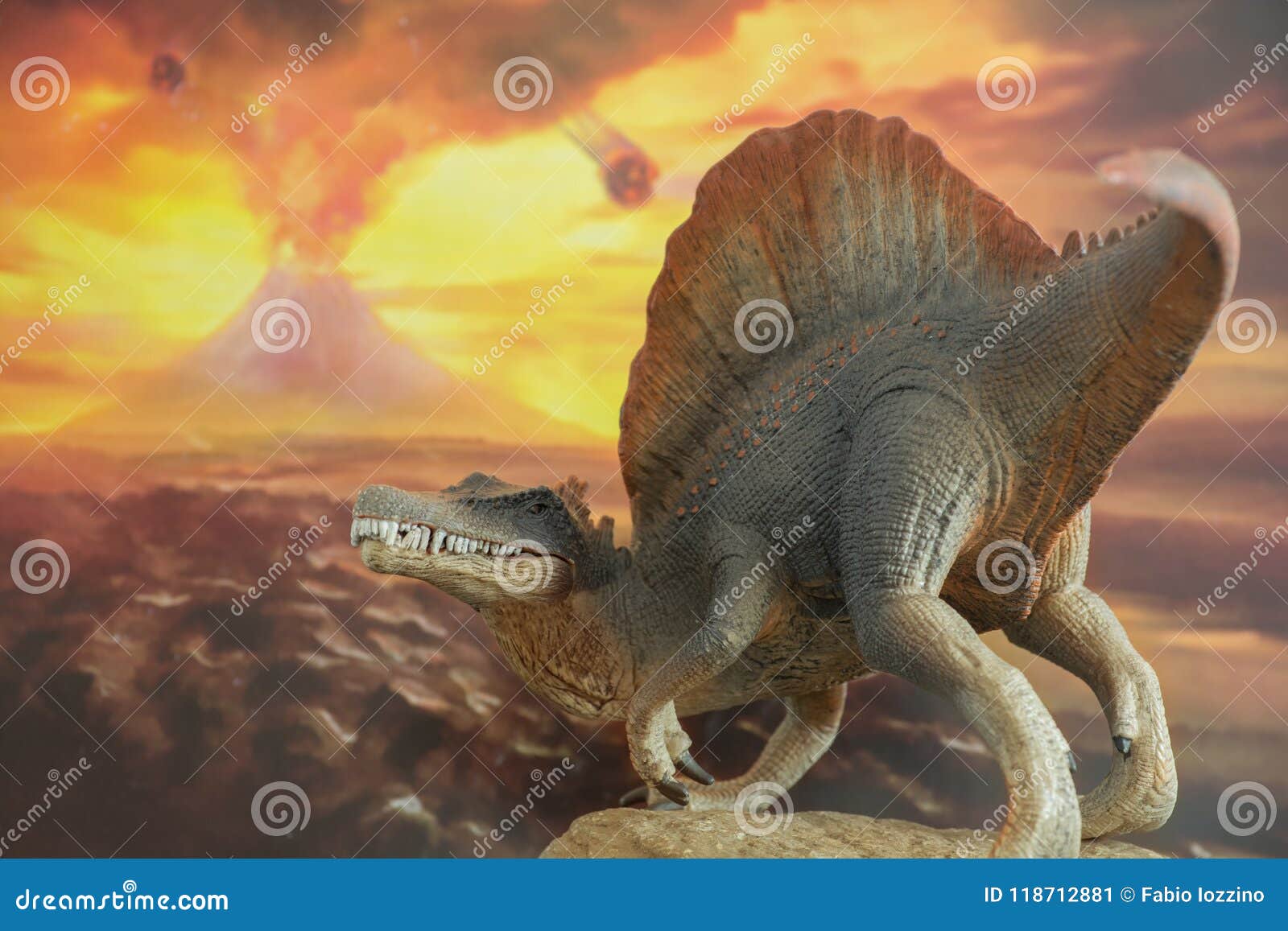 Spinosaurus With Volcano In The Background Stock Photo | CartoonDealer ...