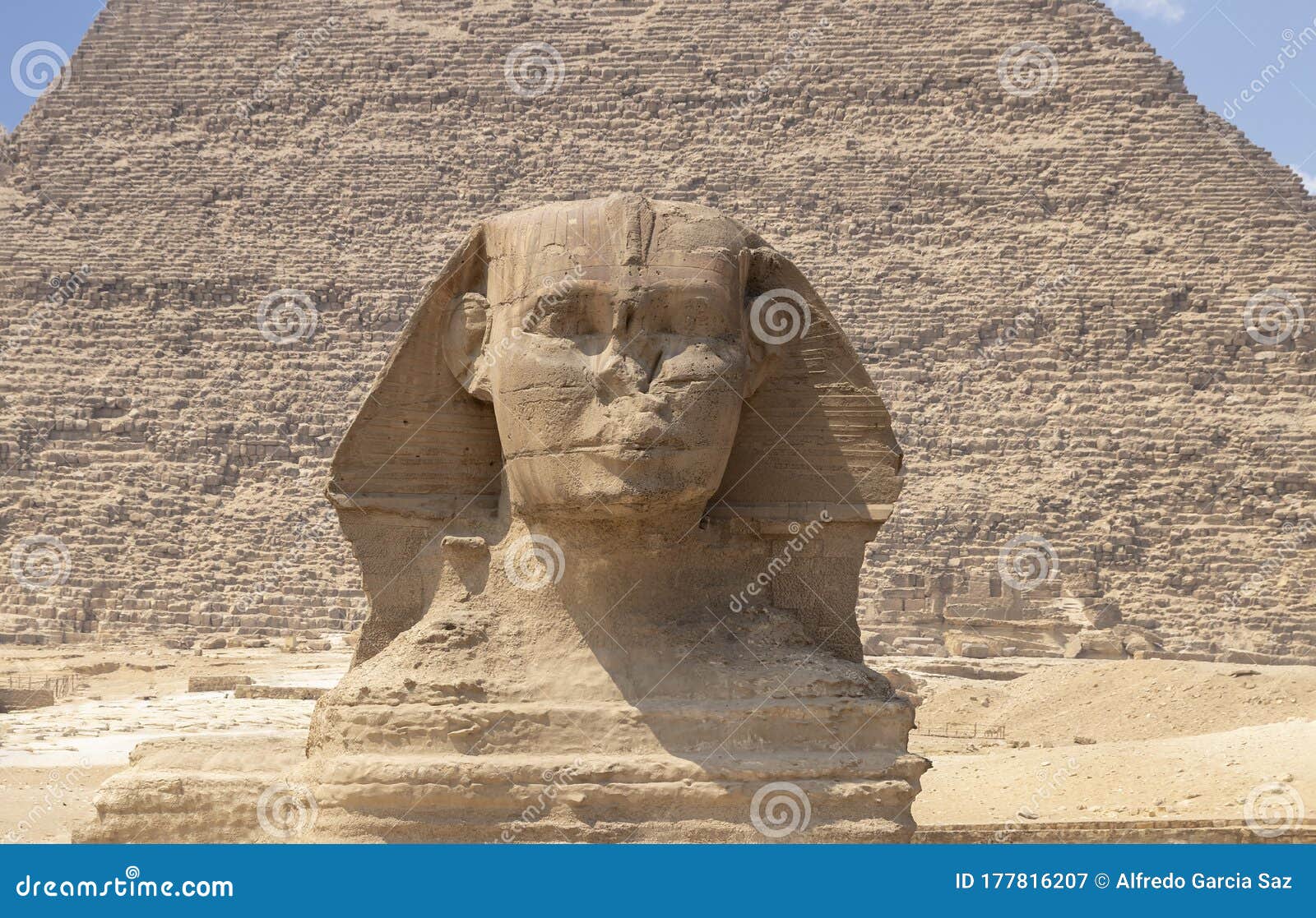 Spinx Face On The Giza Pyramid Background At Sunset, Cairo, Egypt Stock ...
