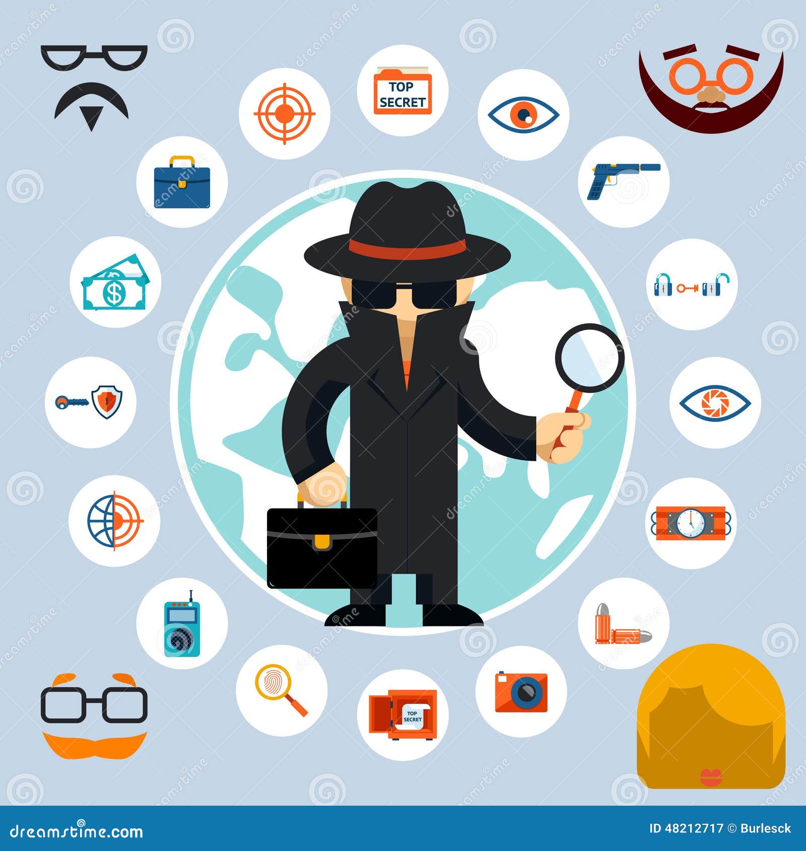 Spion Met Toebehorenpictogrammen Vector Illustratie - Illustration of ...