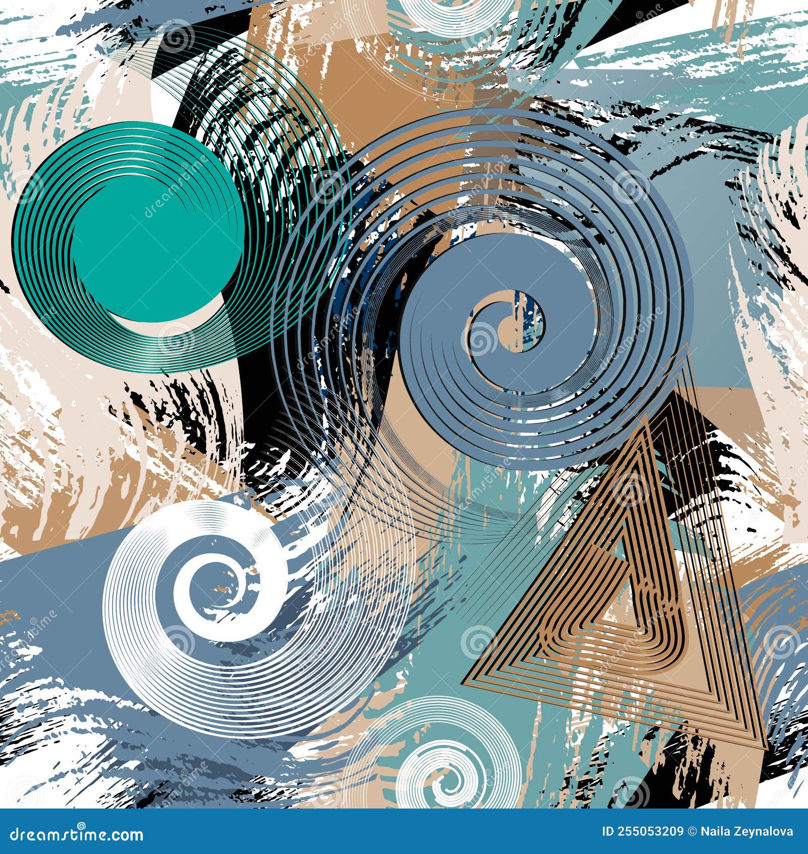 Spiral Circles and Spiral Triangles Seamless Pattern. Brush Strokes ...