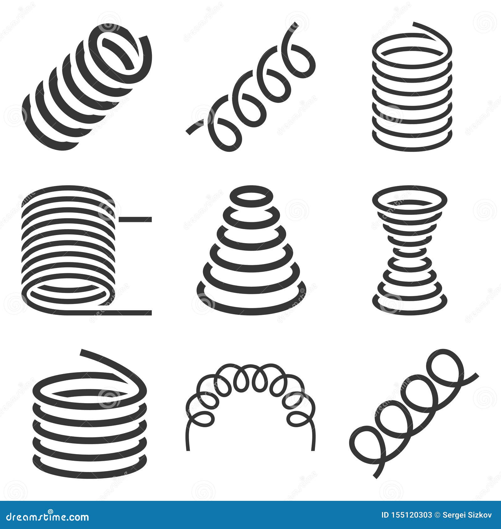 Spiral Flexible Spring Icons Set on White Background. Vector Stock ...