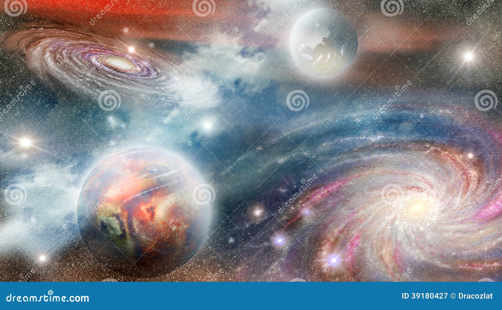 Spiral galaxy and planets stock illustration. Illustration of space ...
