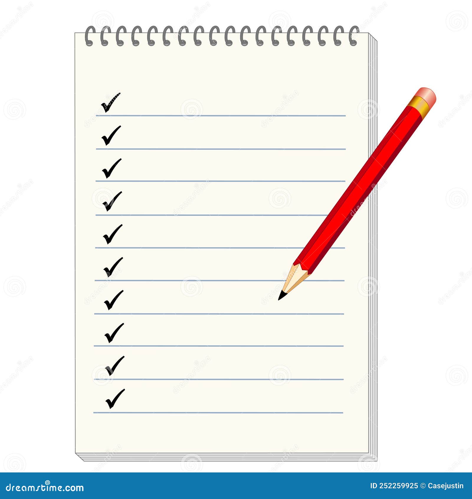 Spiral Notebook with Copy Space, Checkmarks, Big Red Pencil Stock ...