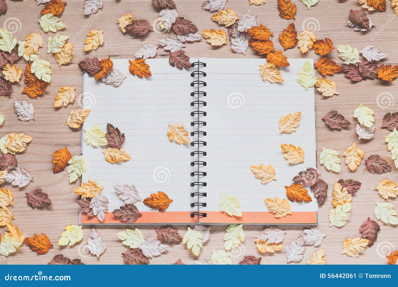 Spiral Notebook with Maple Leaves on Wood Background Stock Image ...