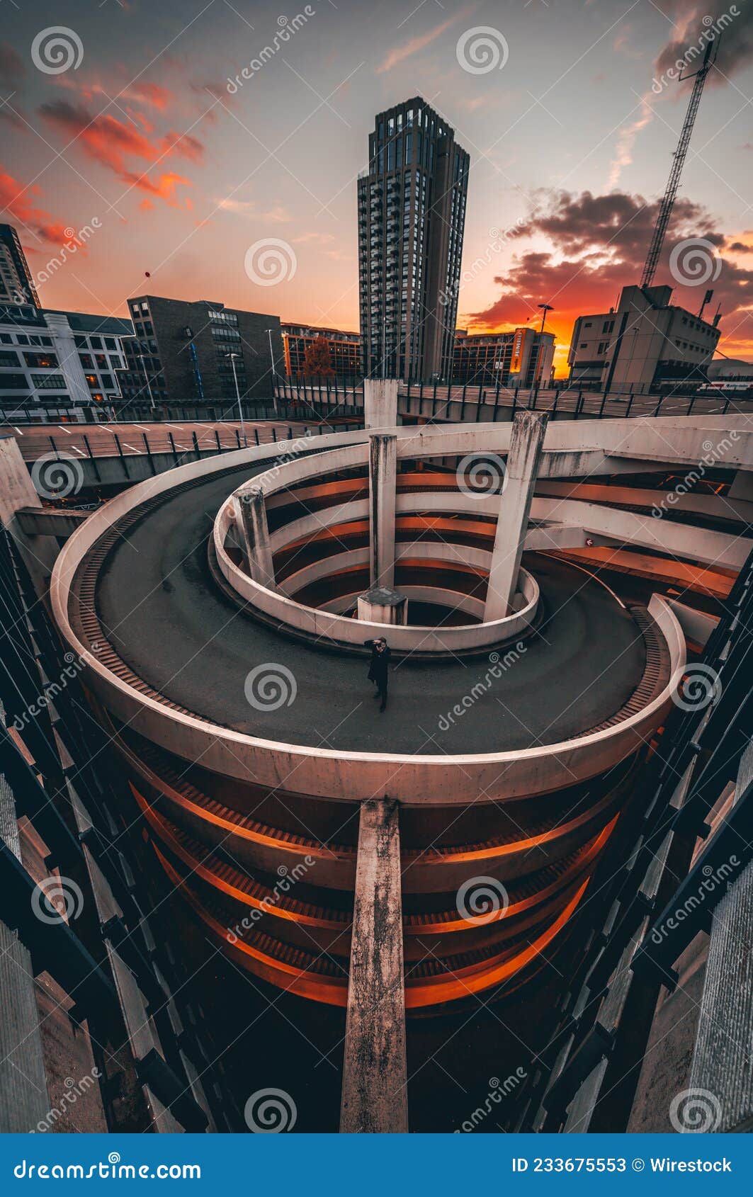 Spiral Parking Garage on the Sunset Stock Image - Image of garage ...