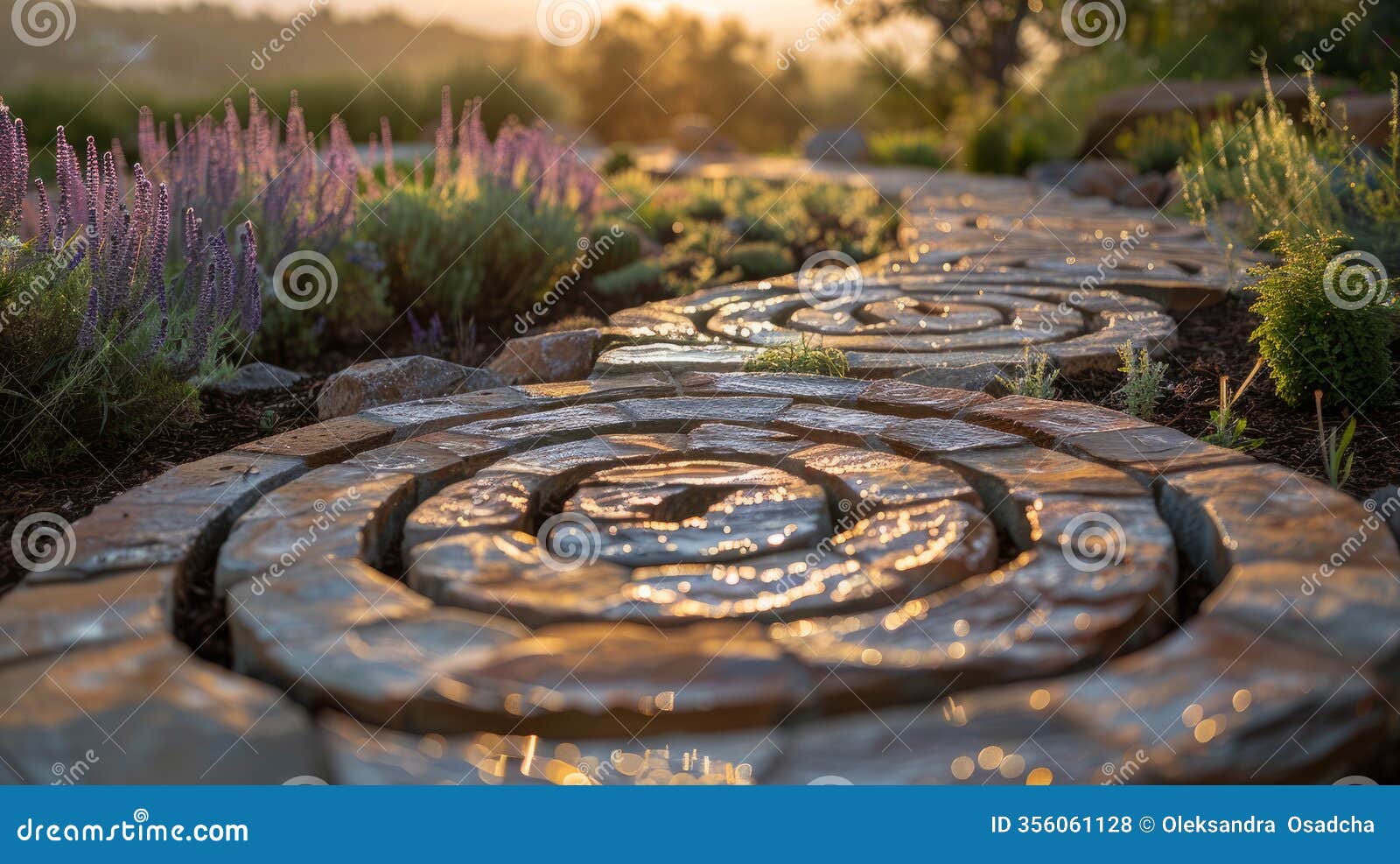 A Spiral-patterned Cobblestone Garden Path at Sunset Stock Photo ...