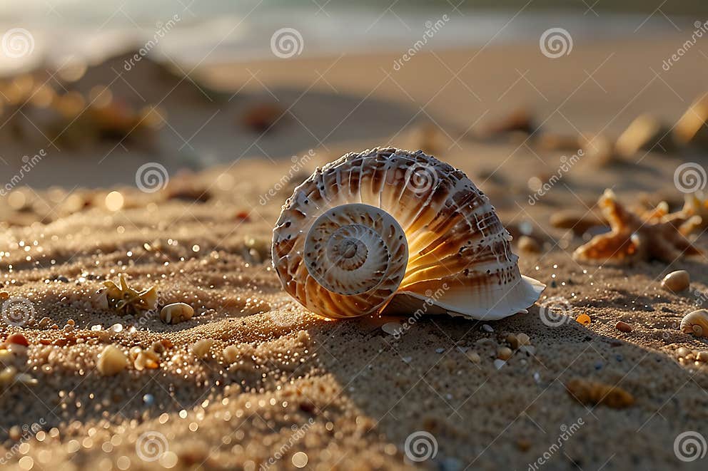 Spiral Seashell on Beach at Sunset with Starfish Stock Illustration ...