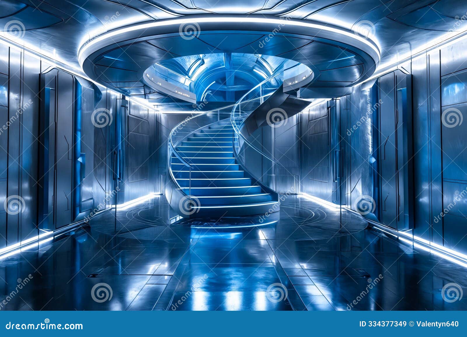 A Spiral Staircase in a Futuristic Building with Blue Lights Stock ...