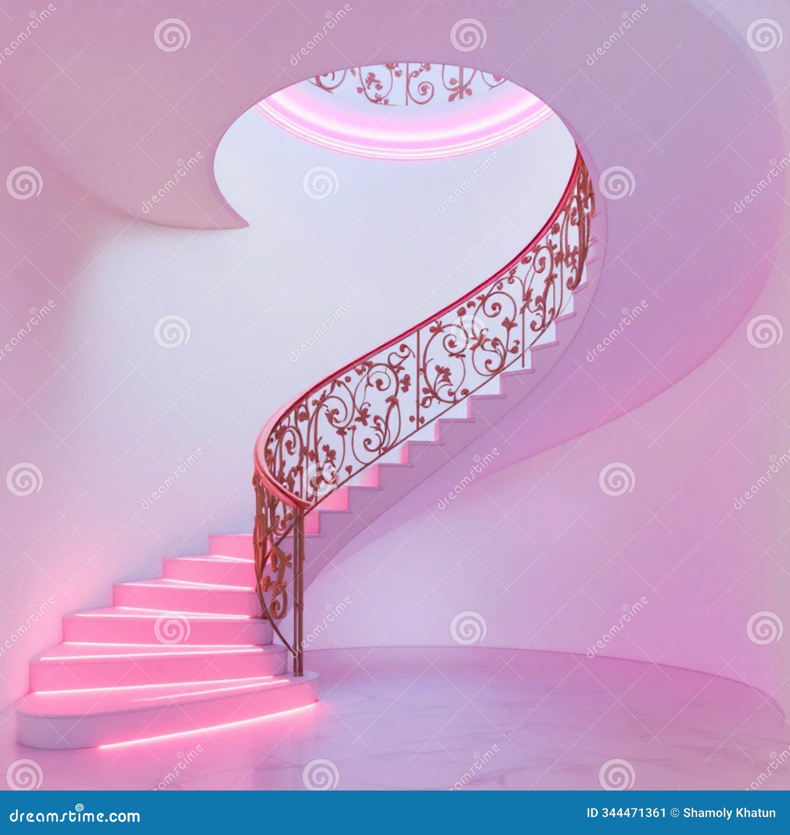 A Spiral Staircase with Gold Railings on White Background (2) Stock ...