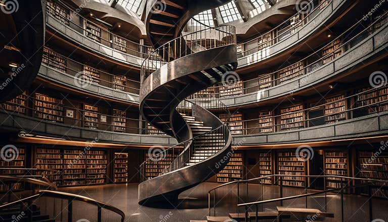 Spiral Staircase Inside Modern Library, Steel Railing, Abstract Pattern ...