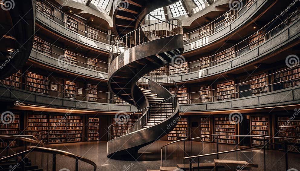 Spiral Staircase Inside Modern Library, Steel Railing, Abstract Pattern ...
