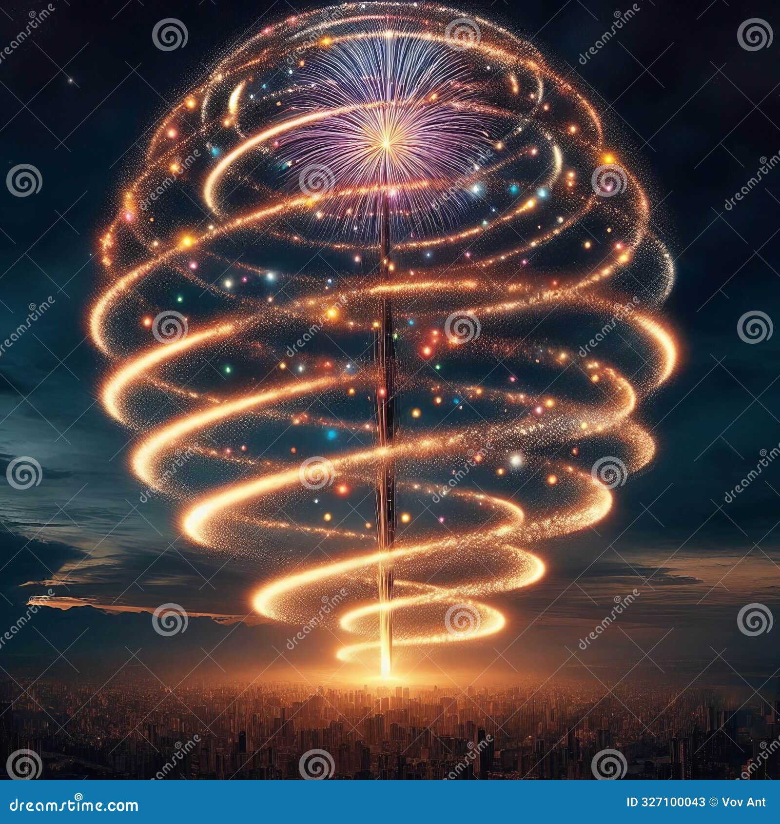 61 96. Spiral Vertical Shells_ Large, Spherical Firewo Stock Image ...