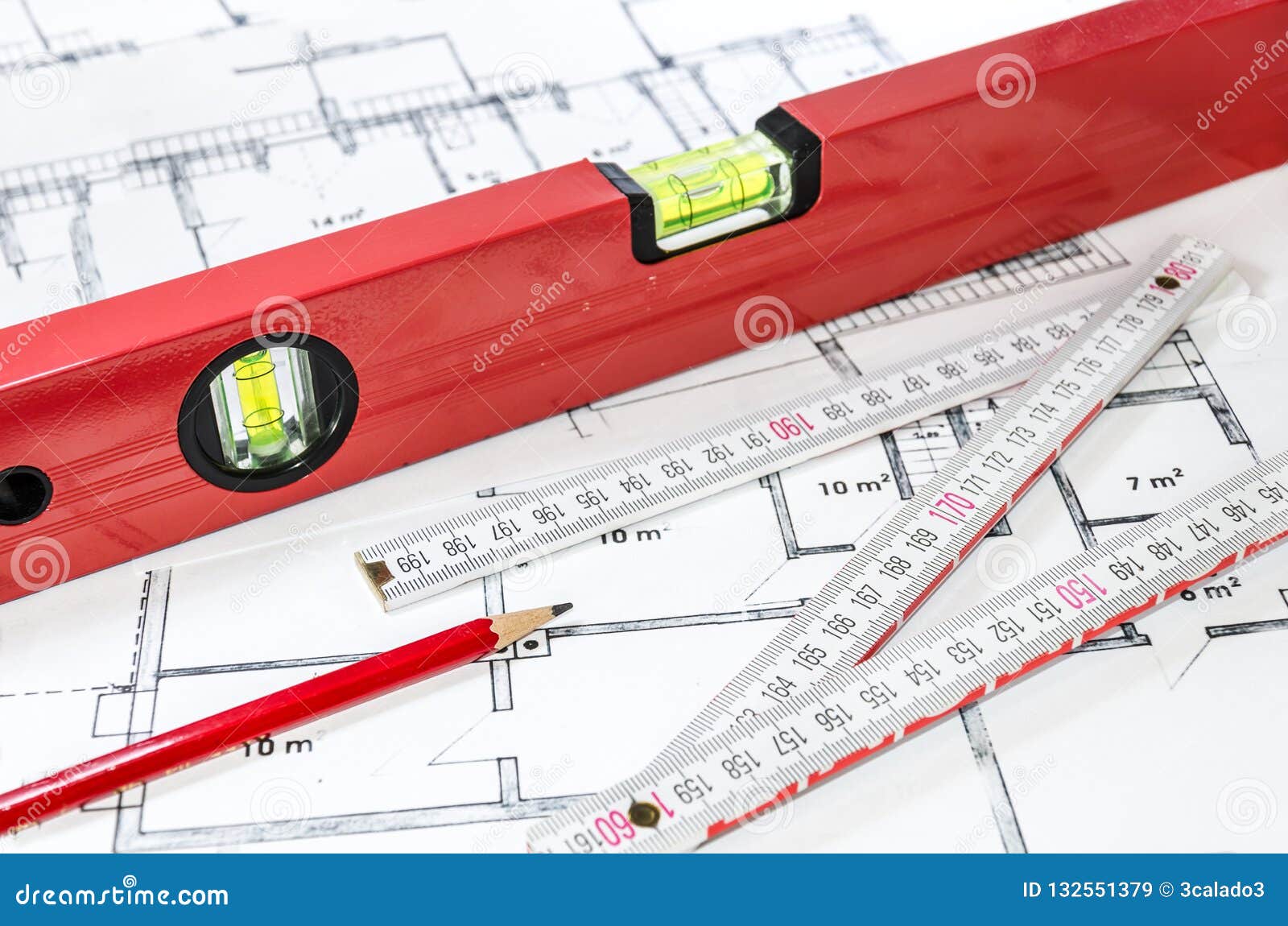 Spirit Level and Tools on Building Plan Stock Image - Image of site ...