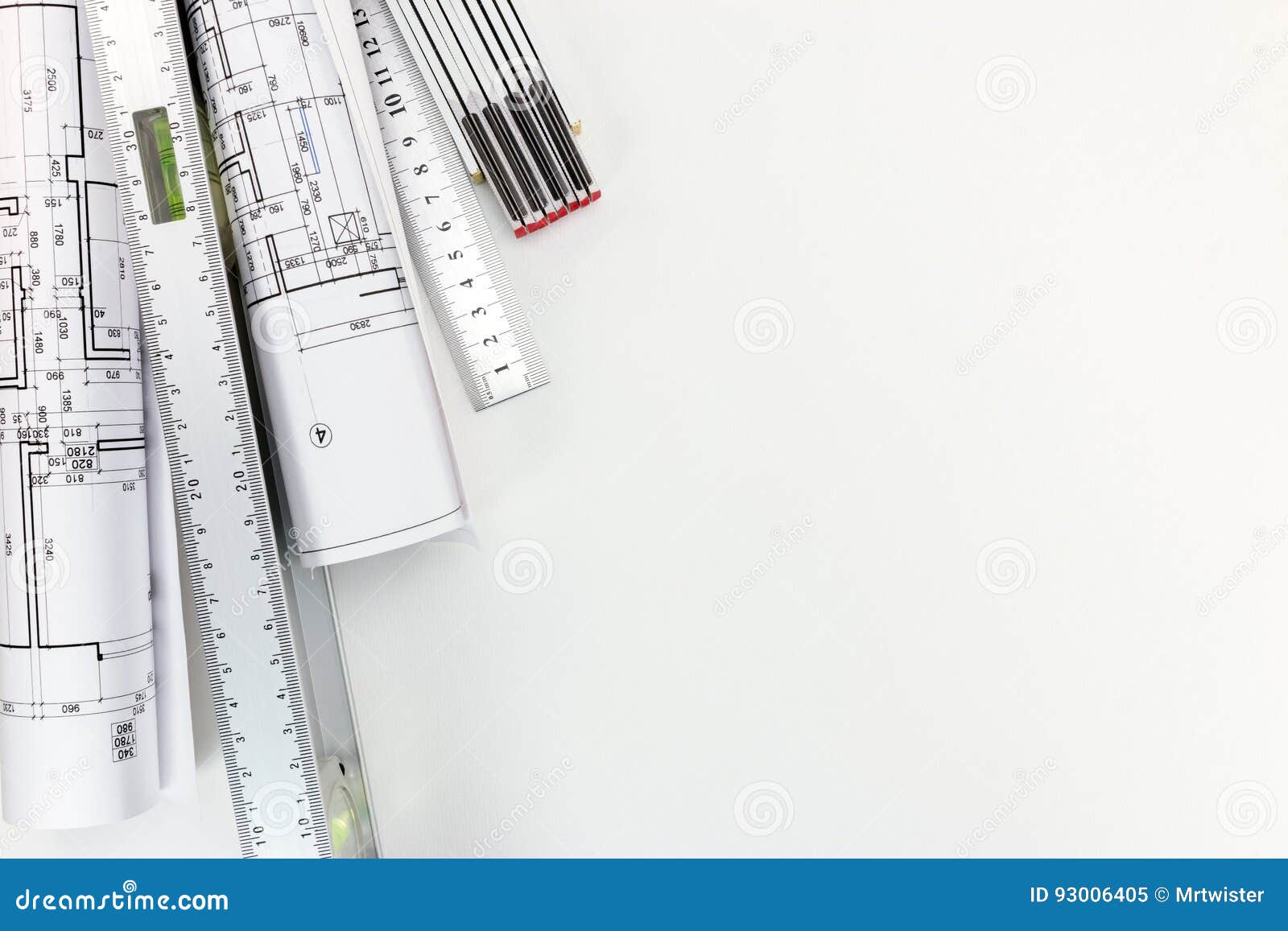 Spirit Level and Zigzag Ruler with Rolls of Architectural Blueprints ...