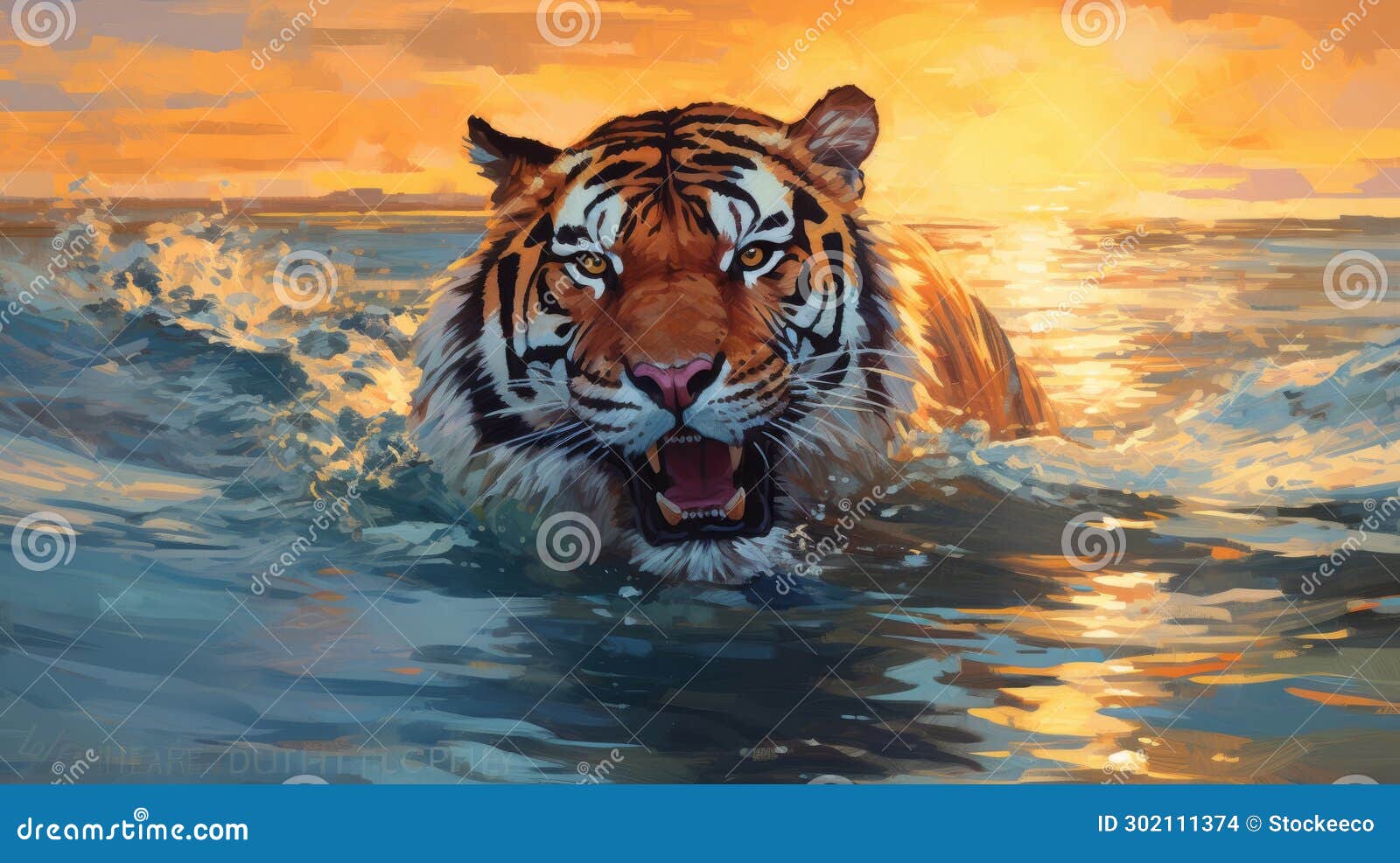 Spirited Tiger Splashing at Sunset - Commissioned Artwork Stock ...
