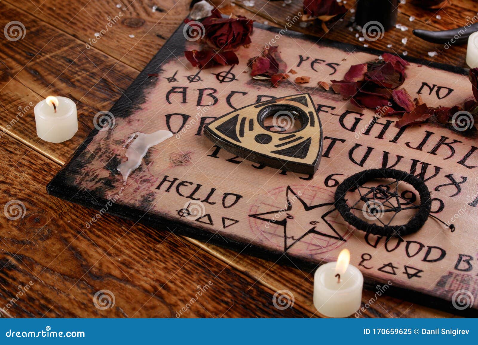 Spiritual Board Ouija With Candles Close Up Mystical Ritual Of Calling Dead Spirits Stock Image