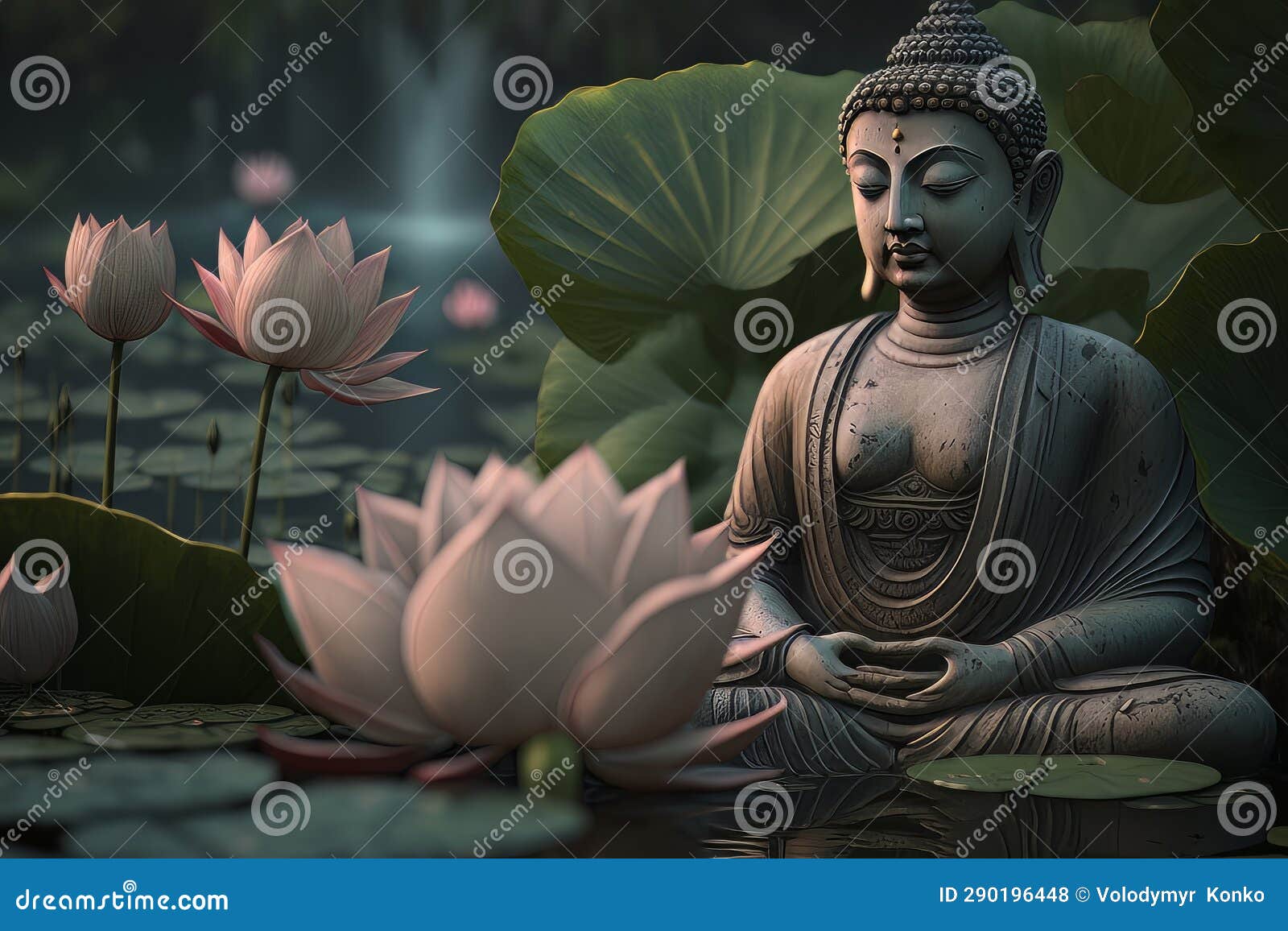 Spiritual Buddha Statue Meditating With Lotus Flower Buddhist Religion
